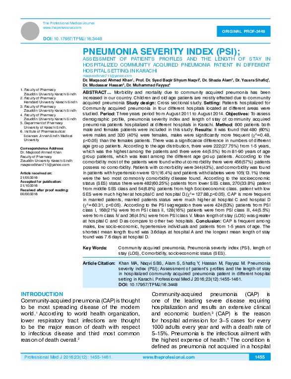 (PDF) Pneumonia Severity Index (Psi); Assessment of Patient’s Profiles ...