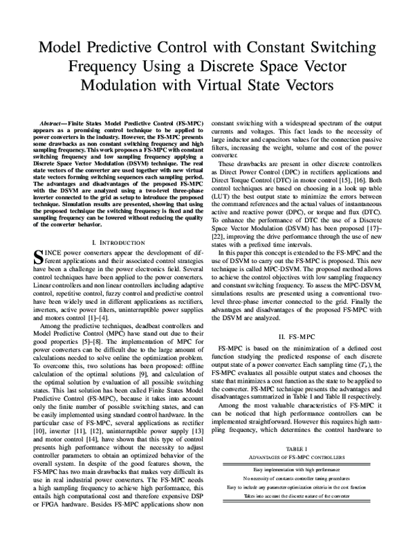 (PDF) Model Predictive Control with constant switching frequency using a Discrete Space Vector ...