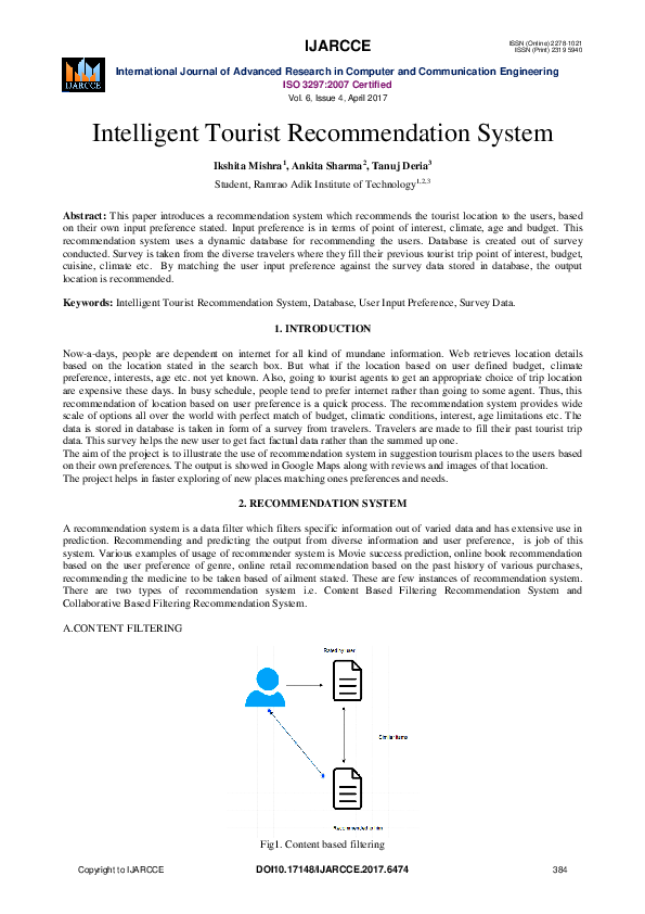 Pdf Intelligent Tourist Recommendation System