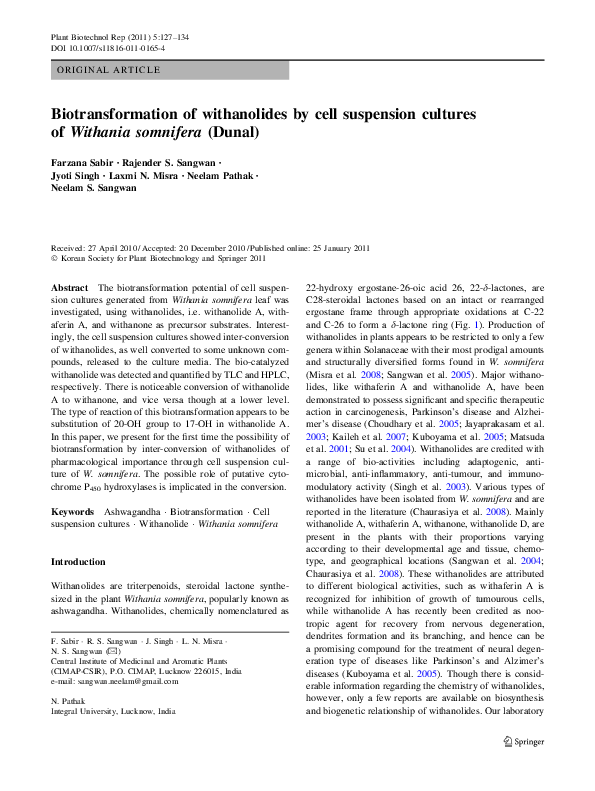 (PDF) Biotransformation of withanolides by cell suspension cultures of Withania somnifera (Dunal)