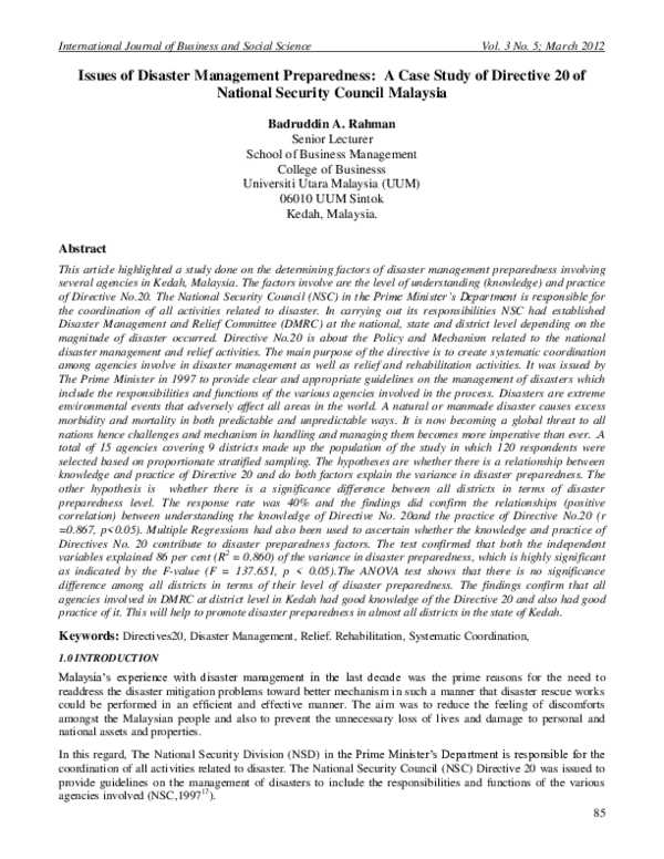 (PDF) Issues of Disaster Management Preparedness: A Case