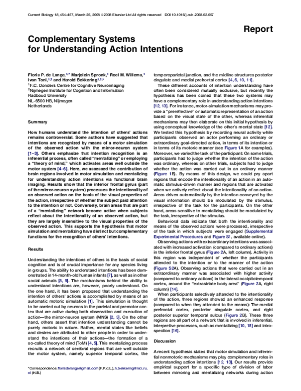 (PDF) Complementary systems for understanding action intentions