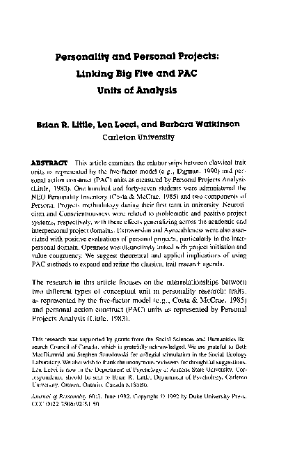 (PDF) Personality and Personal Projects: Linking Big Five and PAC Units ...