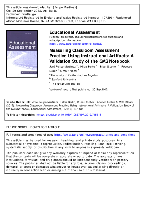 (PDF) Measuring Classroom Assessment Practice Using Instructional Artifacts: A Validation Study ...