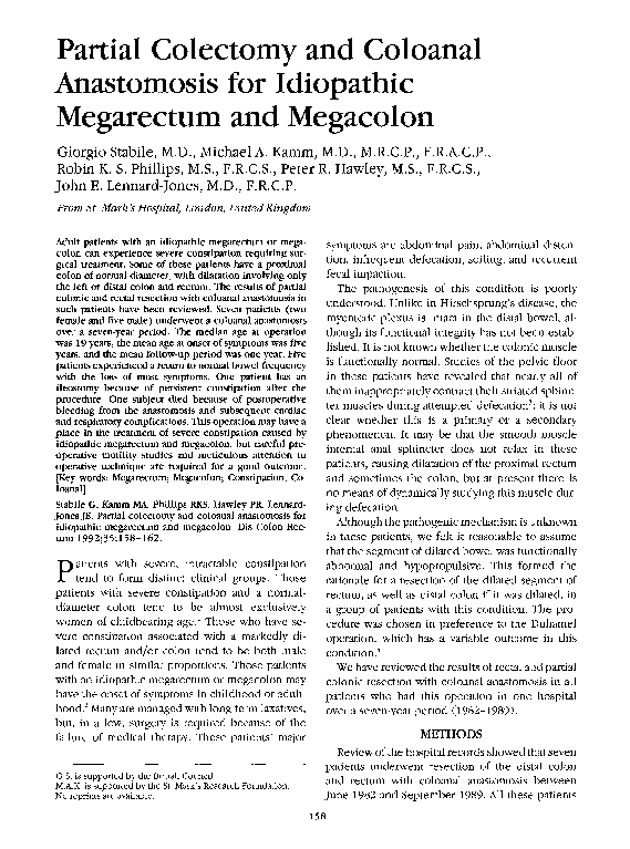 Pdf Partial Colectomy And Coloanal Anastomosis For Idiopathic Megarectum And Megacolon Robin