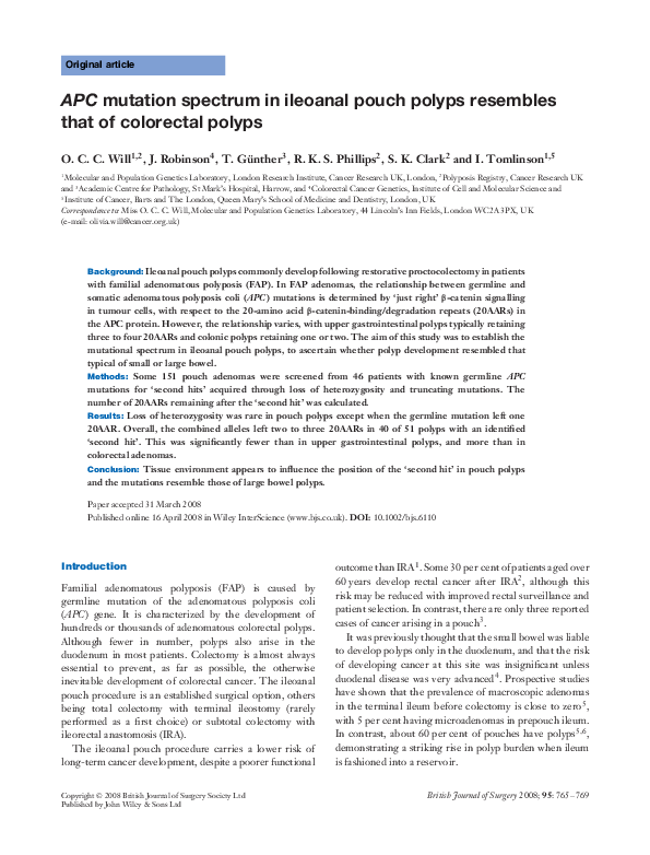 (PDF) APC mutation spectrum in ileoanal pouch polyps resembles that of ...