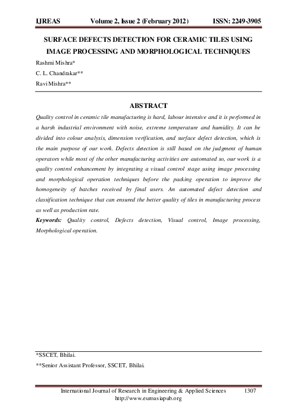 Pdf Surface Defects Detection For Ceramic Tiles Using Image Processing And Morphological
