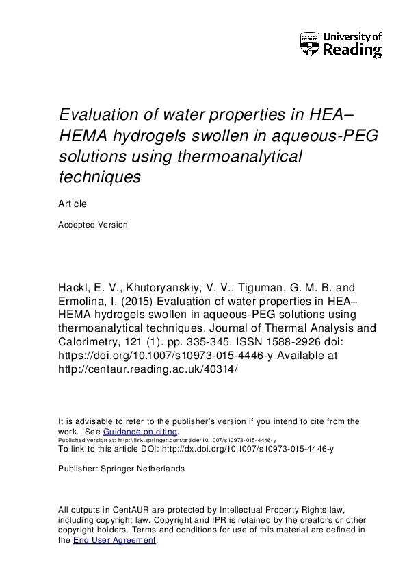 (PDF) Evaluation of water properties in HEA–HEMA hydrogels swollen in aqueous-PEG solutions ...