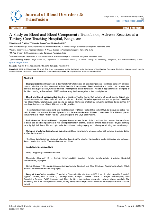 (PDF) A Study on Blood and Blood Components Transfusion, Adverse ...