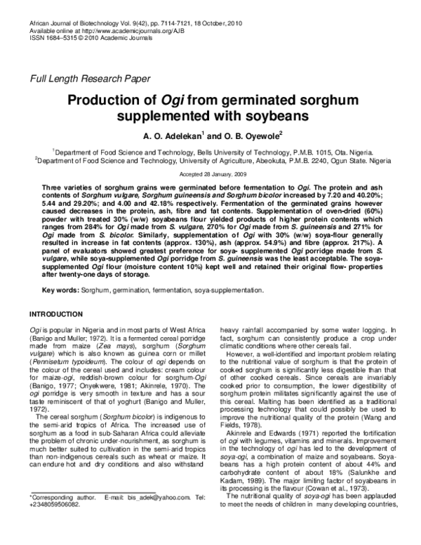 (PDF) Production of Ogi from germinated sorghum supplemented with soybeans