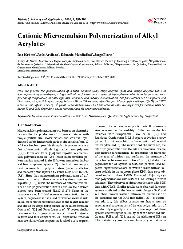 (PDF) Cationic Microemulsion Polymerization of Alkyl Acrylates