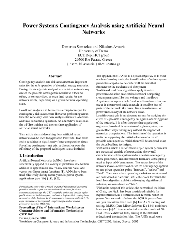 (PDF) Power Systems Contingency Analysis using Artificial Neural Networks