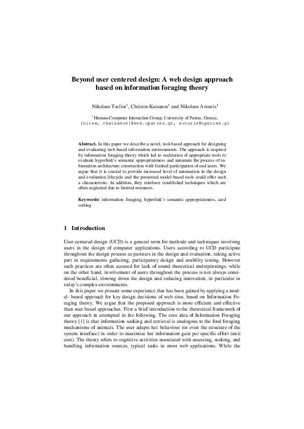 (PDF) Beyond user centered design: A web design approach based on information foraging theory