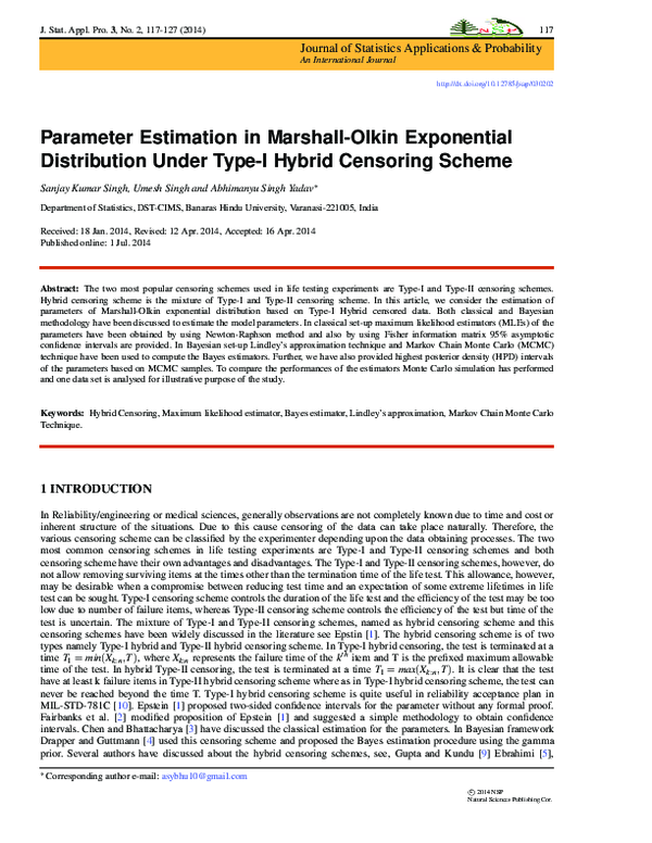 Pdf Parameter Estimation In Marshall Olkin Exponential Distribution Under Type I Hybrid