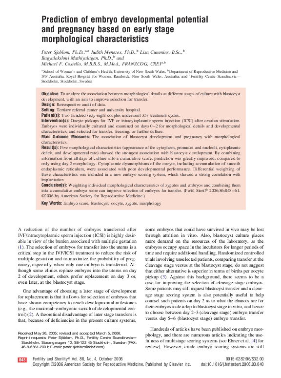 (PDF) Prediction of embryo developmental potential and pregnancy based ...
