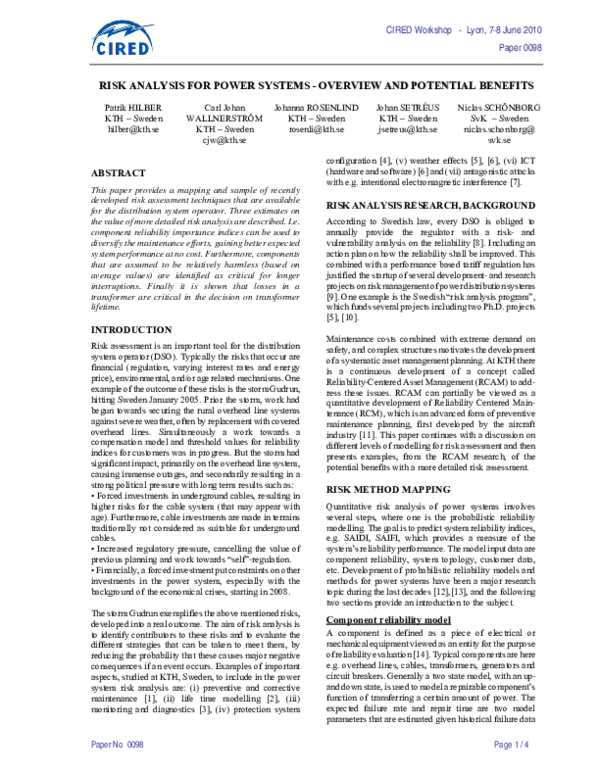 (PDF) Risk Assessment Techniques for Power Systems Optimization