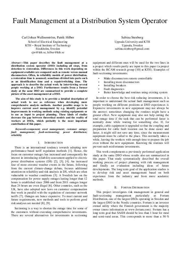 (PDF) Fault Management at a Distribution System Operator
