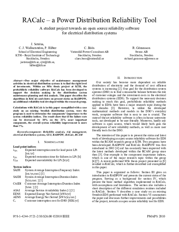 (PDF) RACalc - A power distribution reliability tool