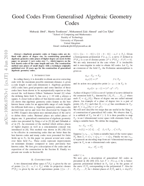(PDF) Good codes from generalised algebraic geometry codes