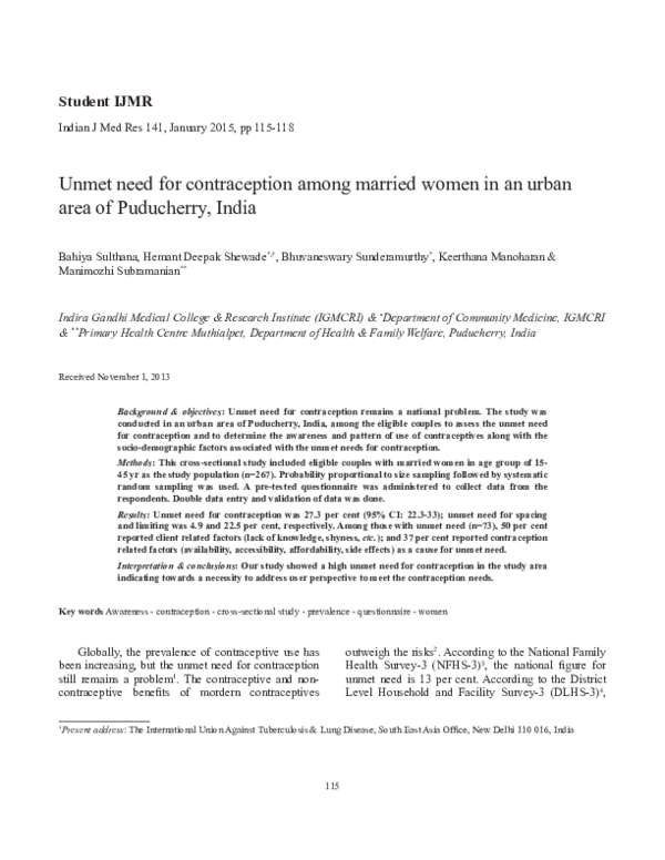 (PDF) Unmet need for contraception among married women in an urban area ...