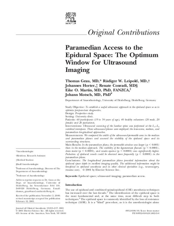 (PDF) Paramedian access to the epidural space: the optimum window for ...