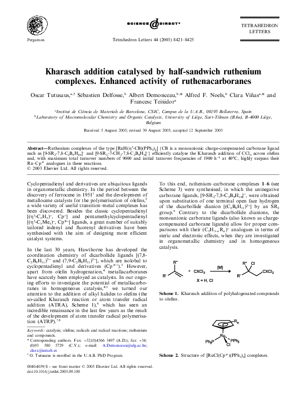 (PDF) Kharasch addition catalysed by half-sandwich ruthenium complexes. Enhanced activity of ...
