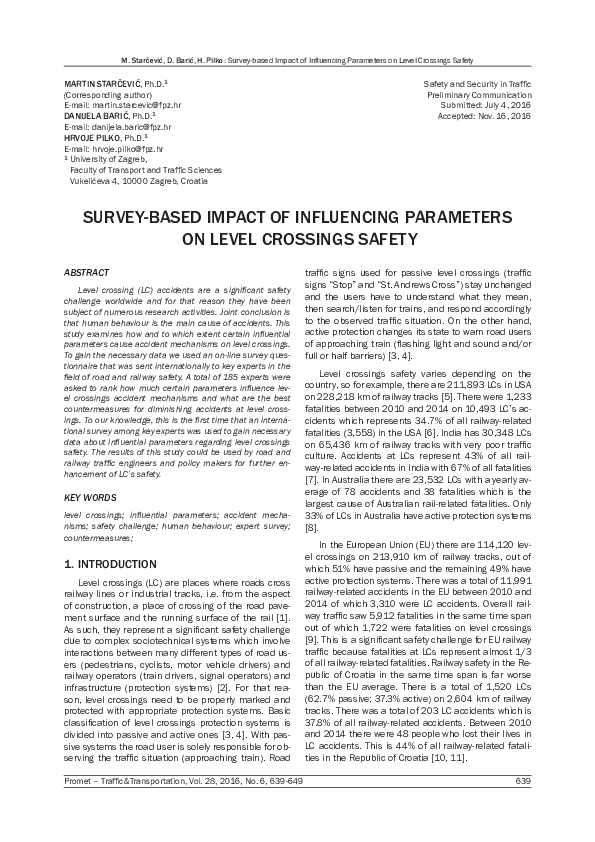 (PDF) Survey-based Impact of Influencing Parameters on Level Crossings Safety