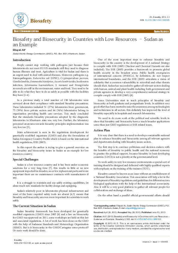 (PDF) Biosafety and Biosecurity in Countries with Low Resources Sudan ...