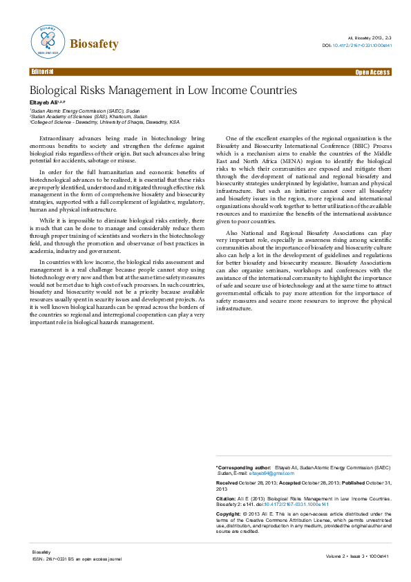 (PDF) Biological Risks Management in Low Income Countries