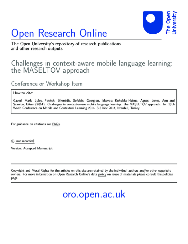 (PDF) Challenges in context-aware mobile language learning: the MASELTOV approach