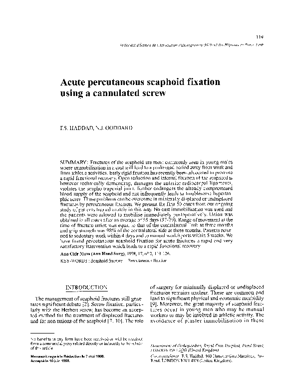 (PDF) Acute percutaneous scaphoid fixation using a cannulated screw
