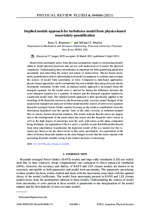 (PDF) Implied models approach for turbulence model form physics-based ...