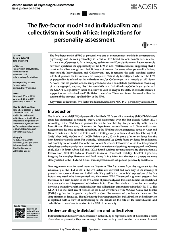 (PDF) The five-factor model and individualism and collectivism in South ...