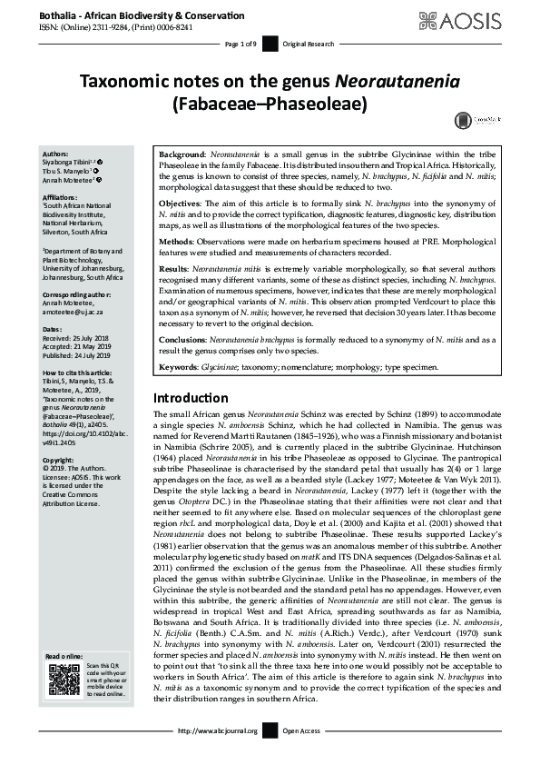 (PDF) Taxonomic notes on the genus Neorautanenia (Fabaceae–Phaseoleae)