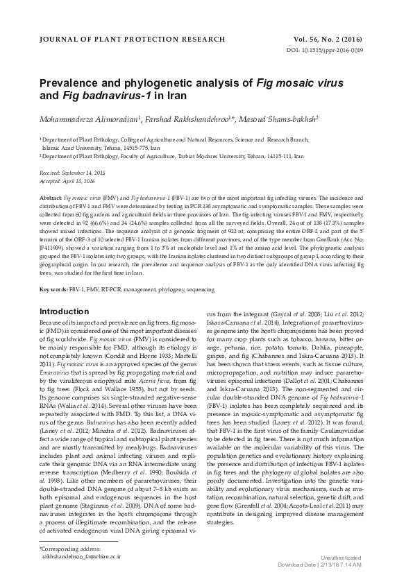 (PDF) Prevalence and phylogenetic analysis of Fig mosaic virus and Fig ...