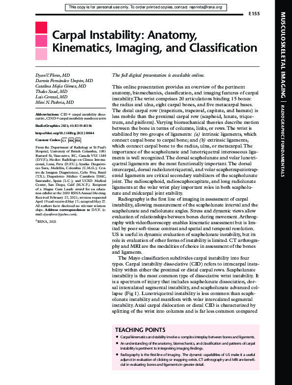 (PDF) Carpal Instability: Anatomy, Kinematics, Imaging, and Classification
