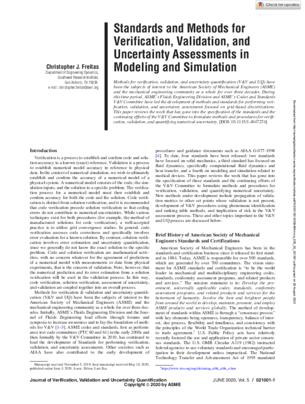 (PDF) Standards and Methods for Verification, Validation, and Uncertainty Assessments in ...