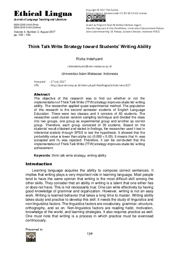 (PDF) Think Talk Write Strategy toward Students’ Writing Ability