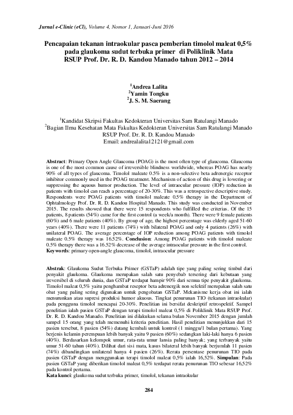 (PDF) Pencapaian Tekanan Intraokular Pasca Pemberian Timolol Maleat 0,5 ...