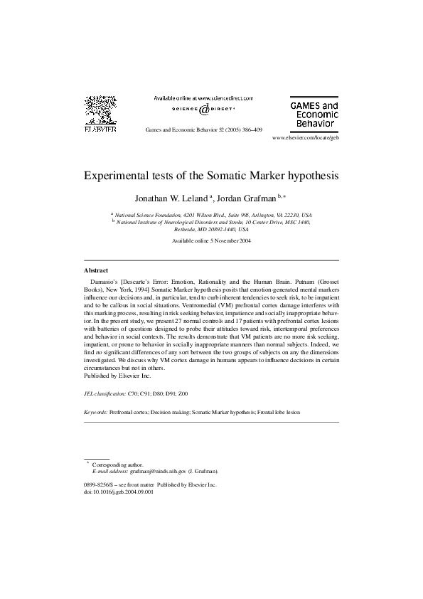 (PDF) Experimental tests of the Somatic Marker hypothesis