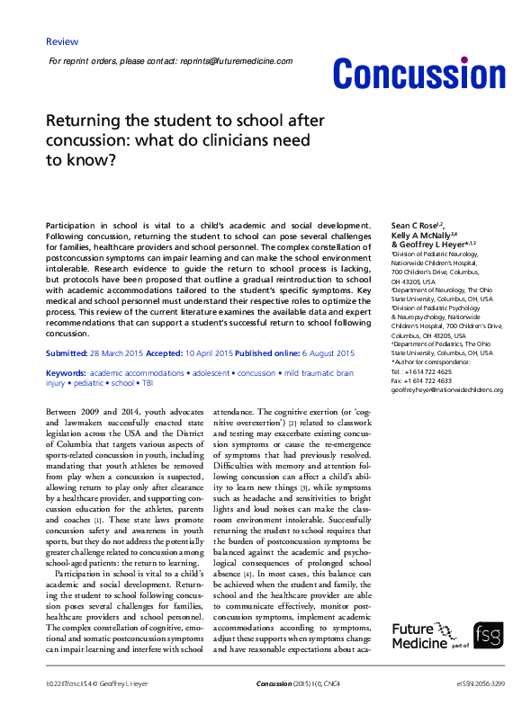 (PDF) Returning the student to school after concussion: what do ...