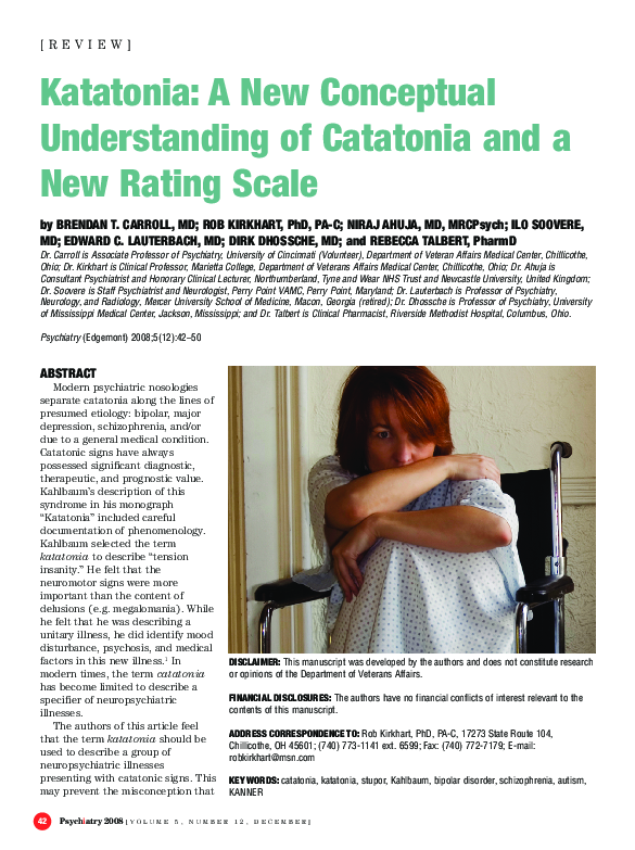 (PDF) Katatonia: a new conceptual understanding of catatonia and a new ...