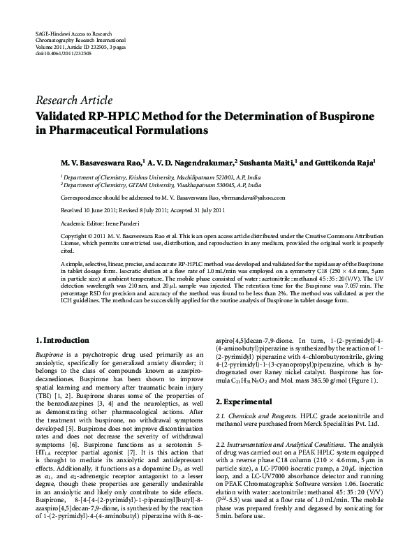 (PDF) Validated RP-HPLC Method for the Determination of Buspirone in Pharmaceutical Formulations