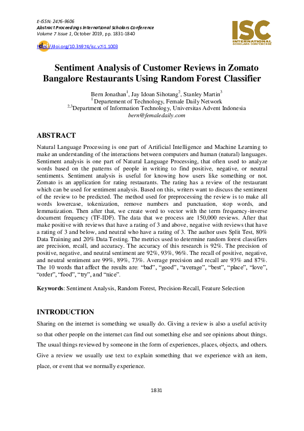 (PDF) Sentiment analysis of customer reviews in zomato bangalore ...