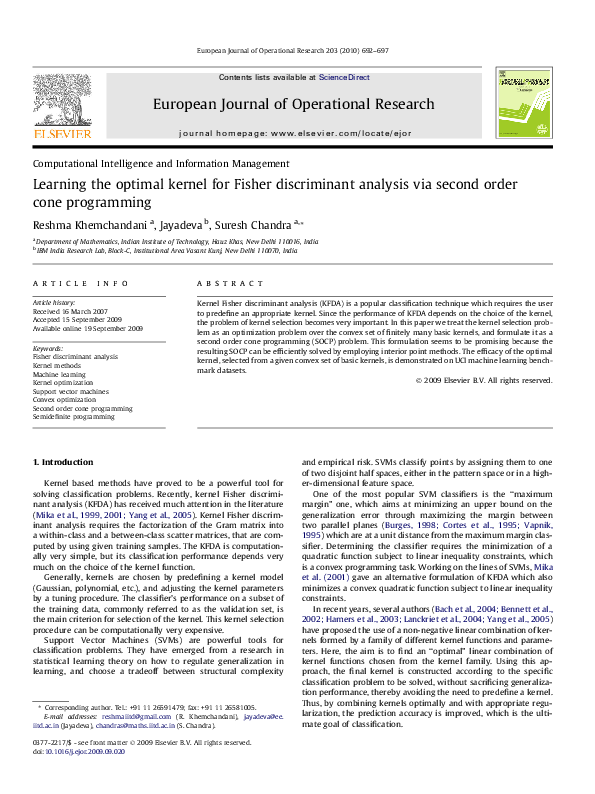(PDF) Learning the optimal kernel for Fisher discriminant analysis via second order cone programming