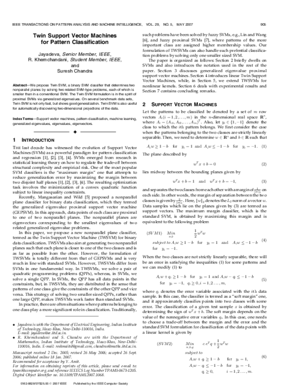 Pdf Twin Support Vector Machines For Pattern Classification