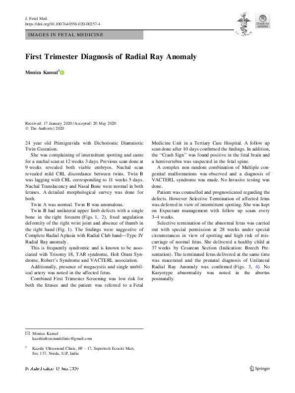 (PDF) First Trimester Diagnosis of Radial Ray Anomaly | Monica Kansal ...
