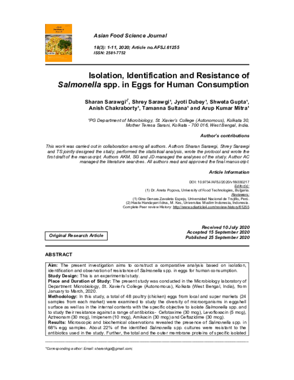 Pdf Isolation Identification And Resistance Of Salmonella Spp In