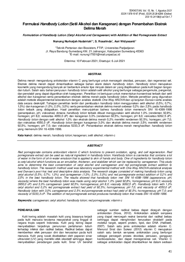 (PDF) Formulasi Handbody Lotion (Setil Alkohol dan Karagenan) dengan ...