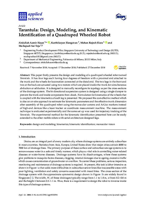 (PDF) Tarantula: Design, Modeling, and Kinematic Identification of a Quadruped Wheeled Robot